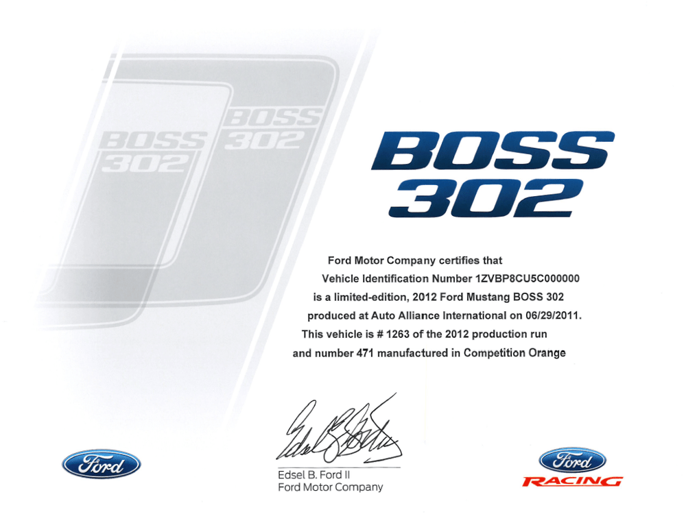 Ford Show Parts | 2012-2013 BOSS 302 Certificate Package
